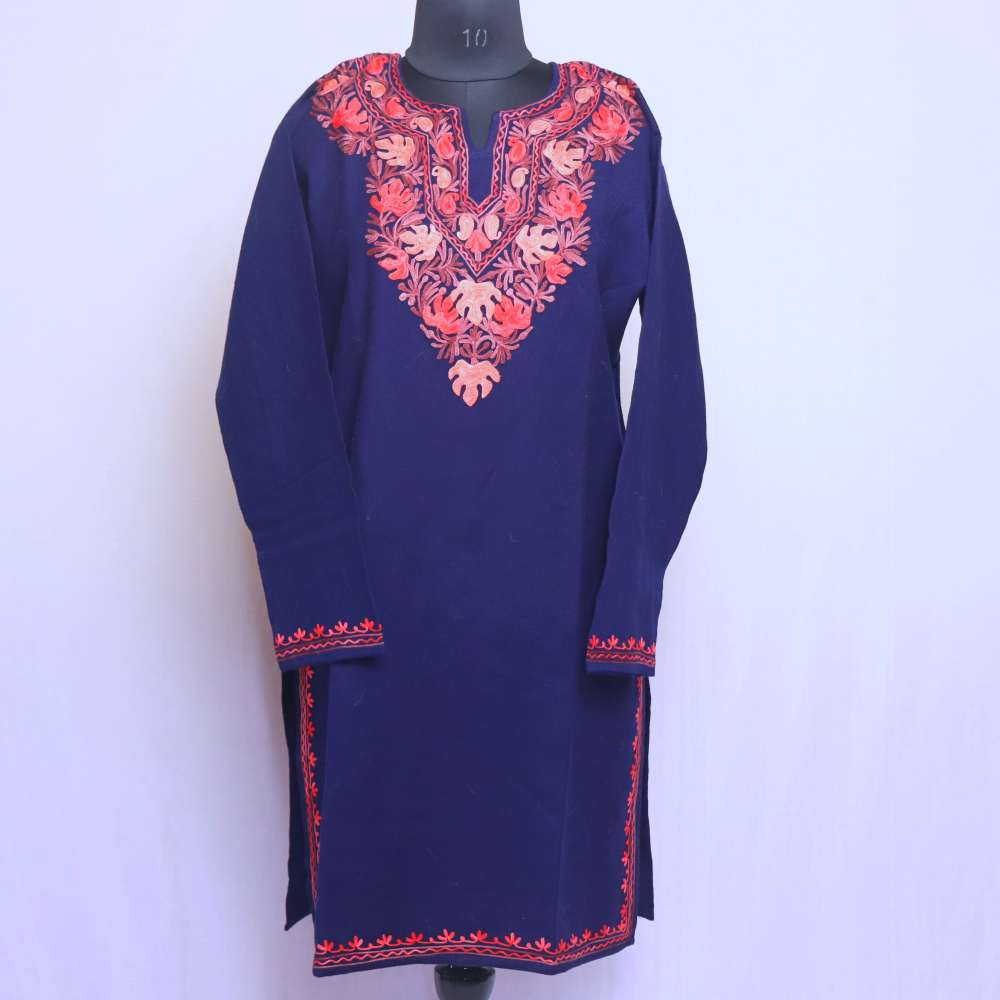 Blue Chaar Chinari Winter Kashmiri Kurta with Ari Embroidery - Gyawun