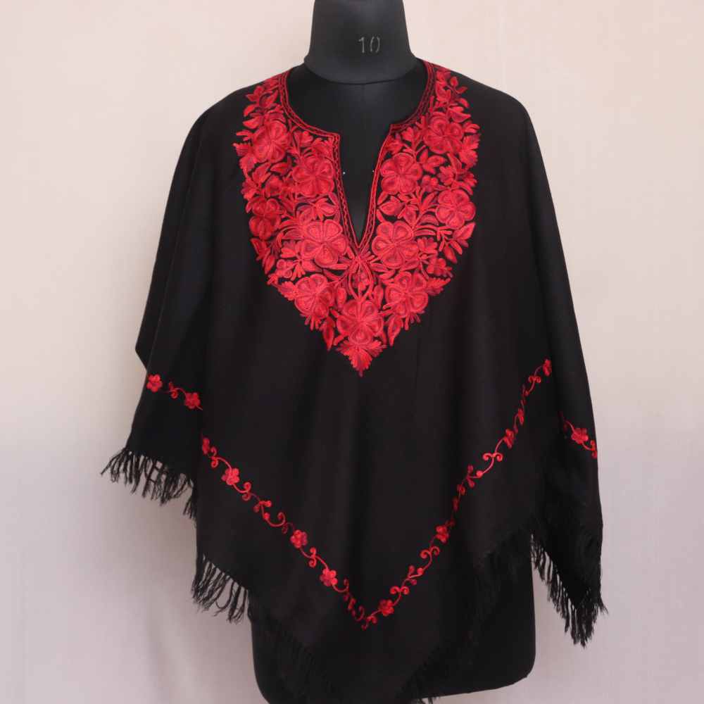 Black Wazul Kashmiri Ponchu Aari Embroidery - Gyawun