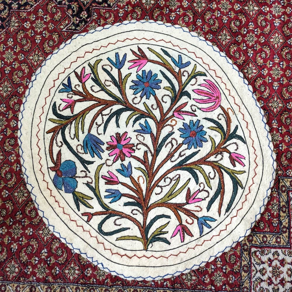 Handmade Pure Wool 3ft Round Aari Embroidered Namda Rug with Tree ...