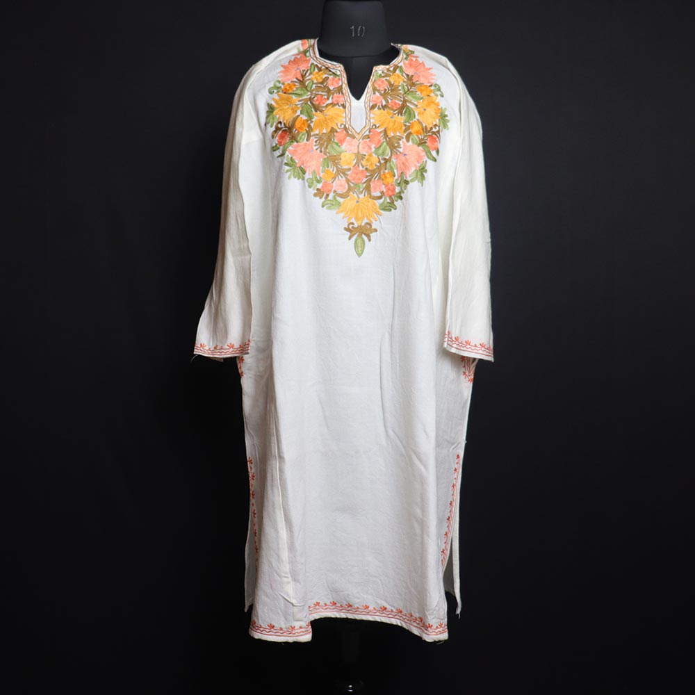 White Khiza Pheran with Aari Work - Gyawun