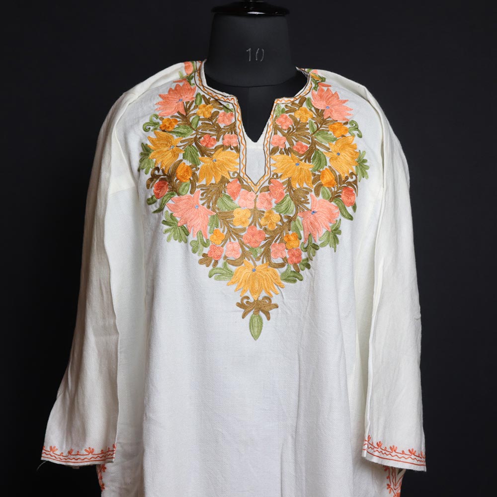 White Khiza Pheran with Aari Work - Gyawun