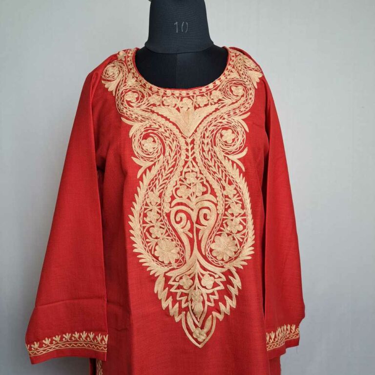 Red Asma Cotton Kashmiri Kurti with Big Neck Ari Embroidery - Gyawun
