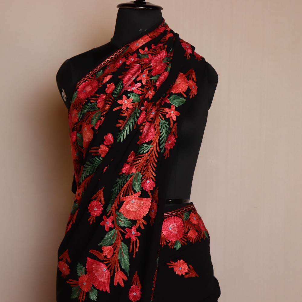 Black Siyam Wazul Georgette Kashmiri Saree With Aari Embroidery - Gyawun