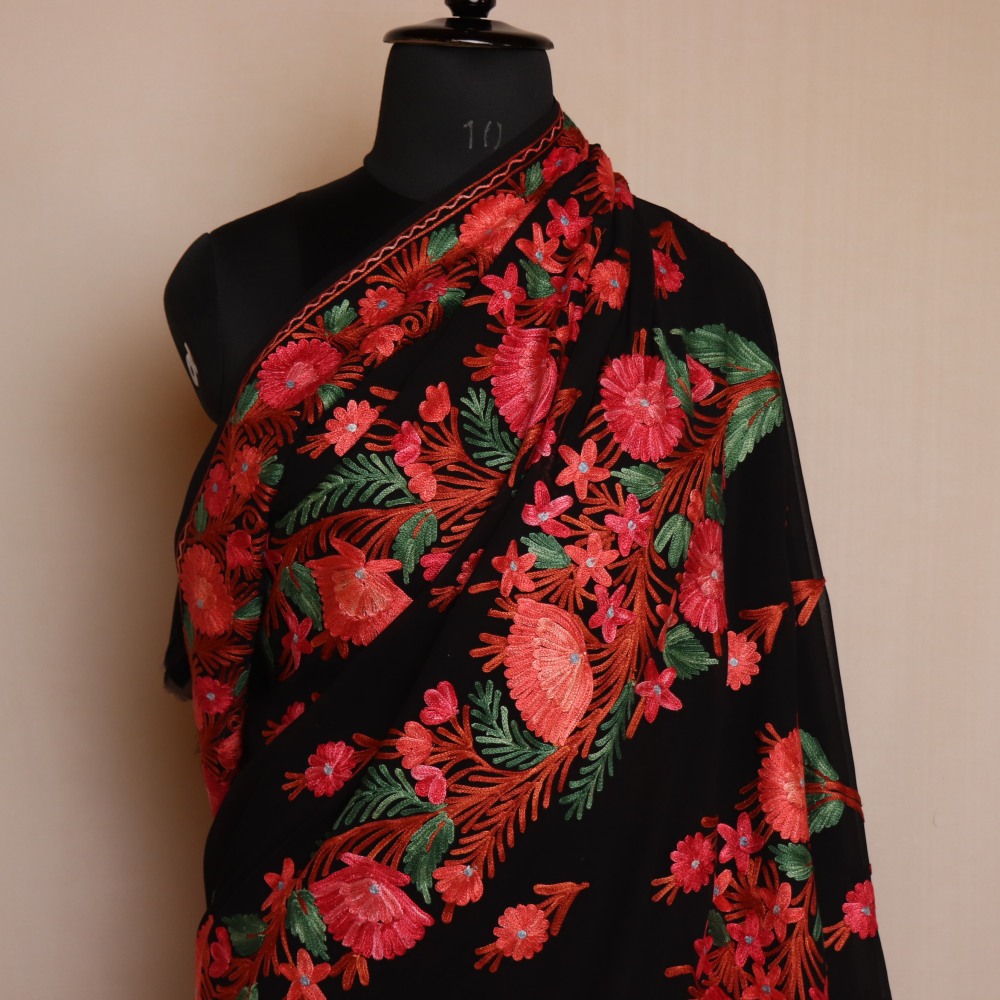 Black Siyam Wazul Georgette Kashmiri Saree With Aari Embroidery - Gyawun