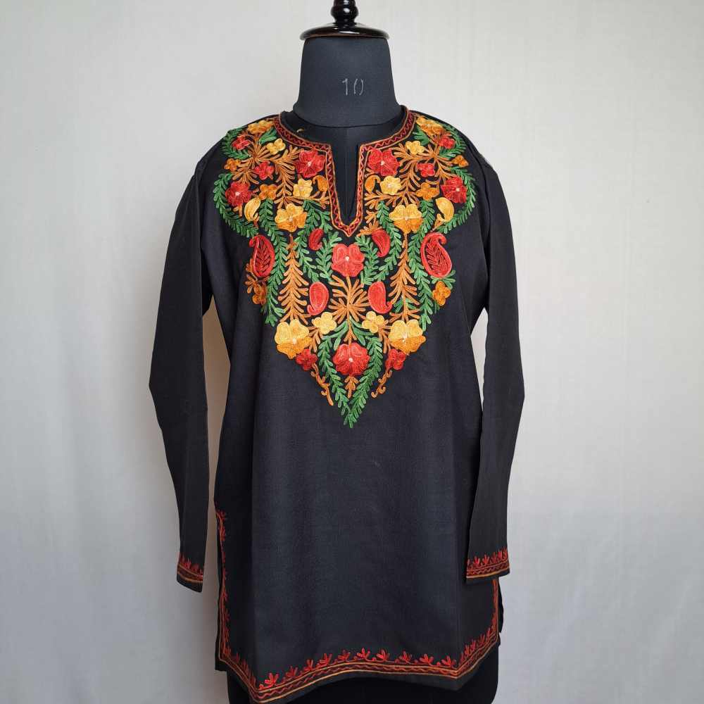 Black RangeGul Bisma Short Kashmiri Cotton Kurti with Ari Embroidery ...