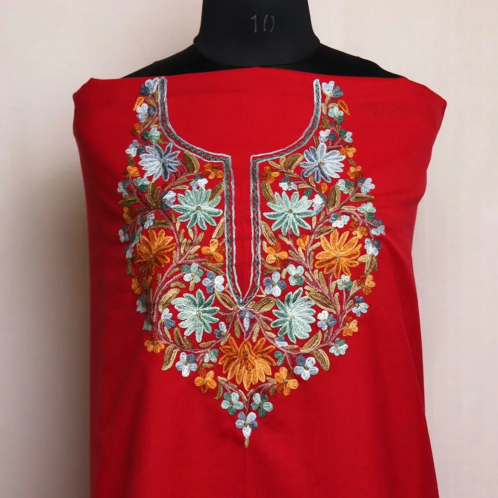 Red Floral Kashmiri Aari Handwork Cotton Suit - Gyawun