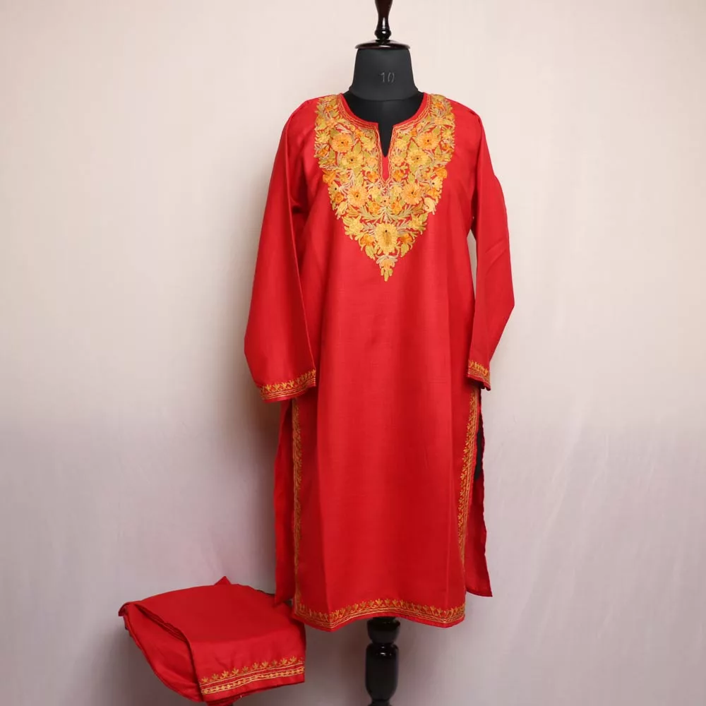 Red Wazul Cotton Aari Kashmiri Salwar Kameez Co-ord Set - Gyawun