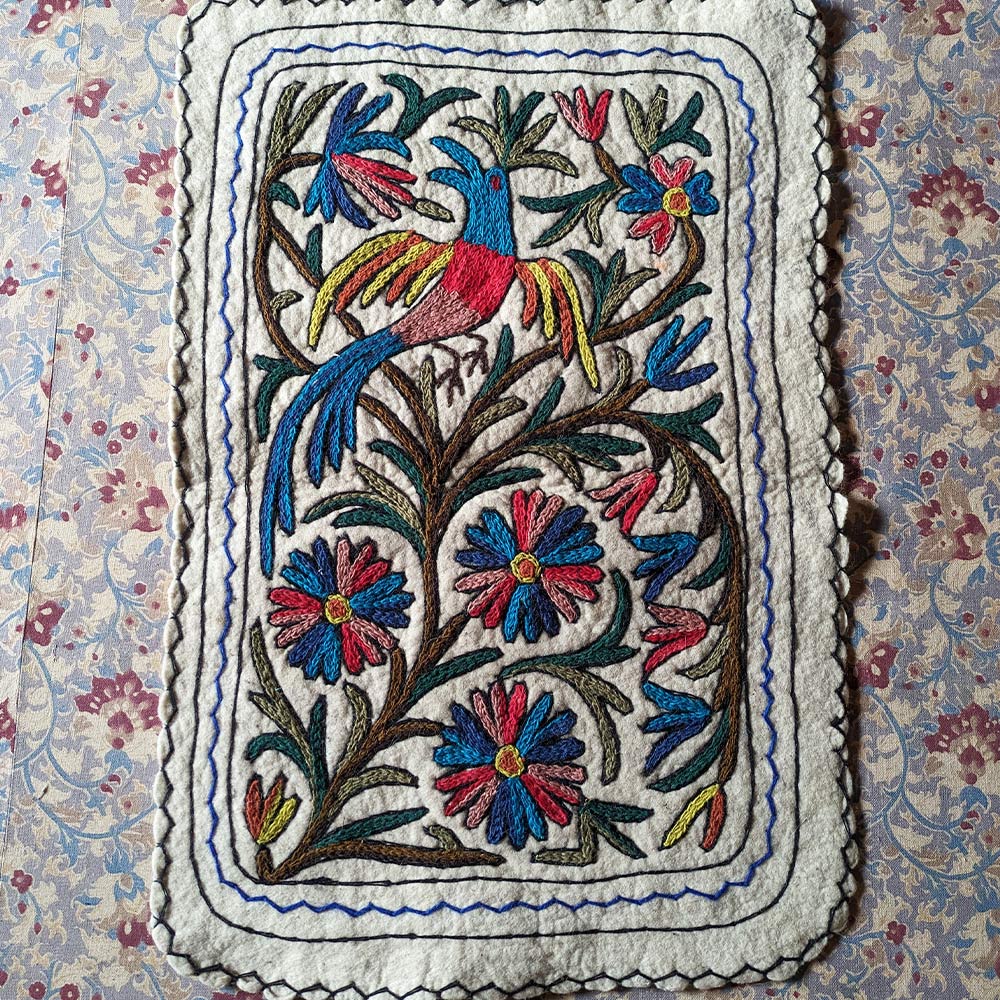 Flora n Fauna 2 Namda Handmade Aari Embroidered Wool Rug 3x2 - Gyawun