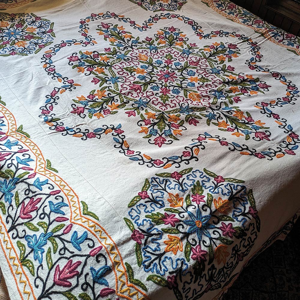 Bahara Kashmiri Double Bed Cover with Hand Crewel Embroidery - Gyawun