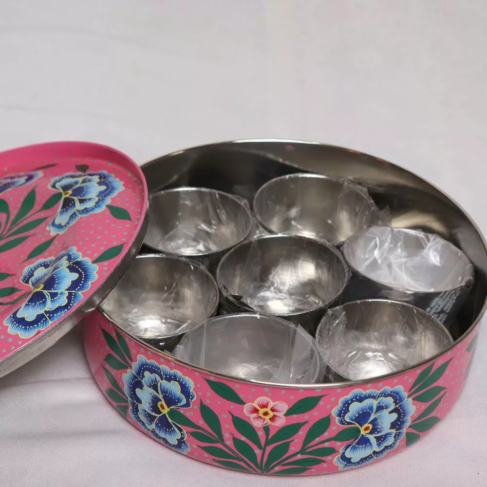 Pink Kashmiri Enamelware Hand Painted Technique Stainless Steel Masala