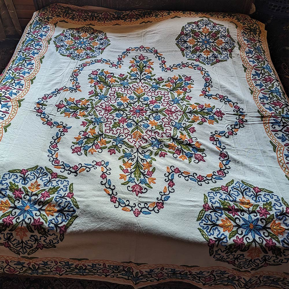 Bahara Kashmiri Double Bed Cover with Hand Crewel Embroidery - Gyawun