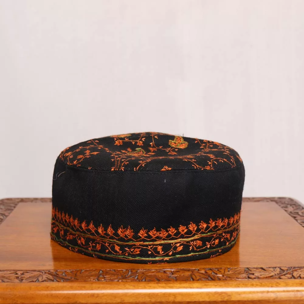 Black Sozni Cap with Orange Embroidery - Gyawun