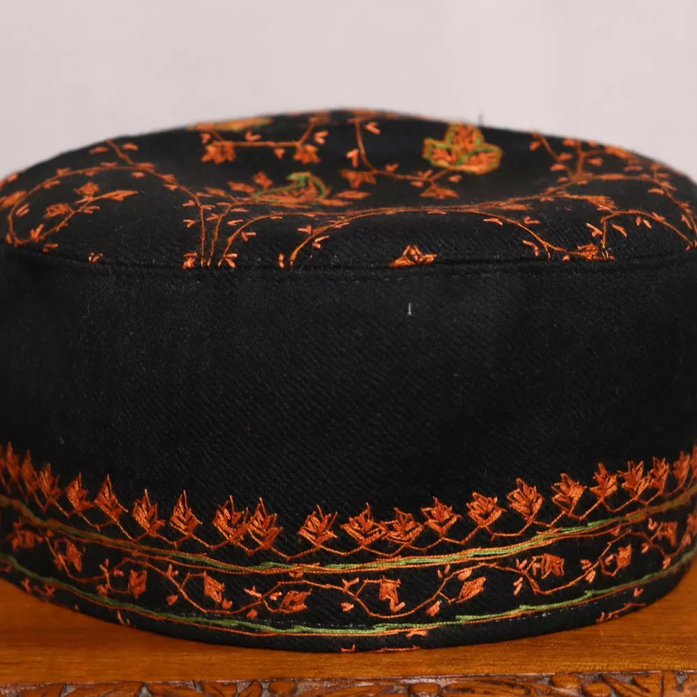 Black Sozni Cap with Orange Embroidery - Gyawun