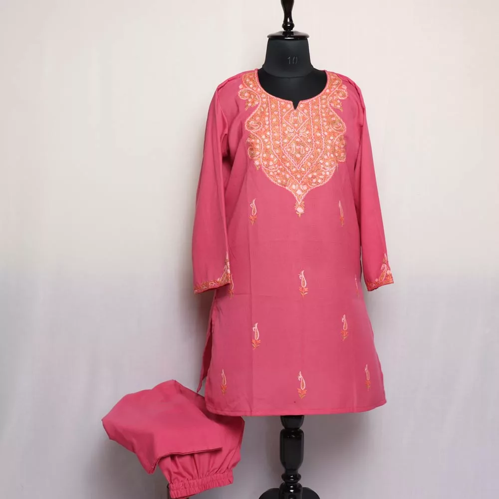 Pink Kashmiri Aari Handwork Cotton Kurta Set - Gyawun