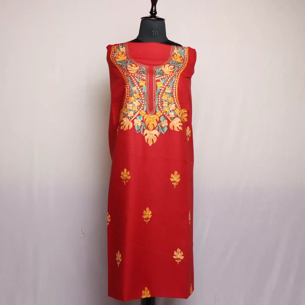 Red Chinari Ruby Cotton 2pc Suit with Aari Work - Gyawun