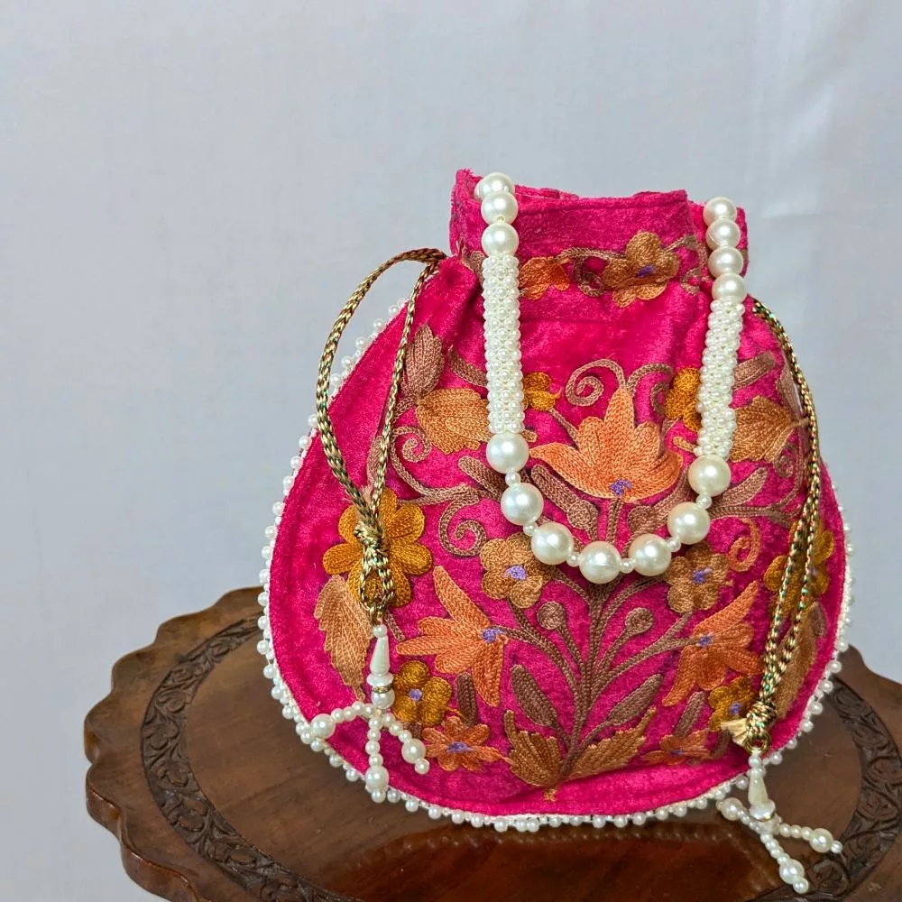 Pink Mehnaaz Makhmal Potli Bag from Kashmir With Aari Embroidery - Gyawun