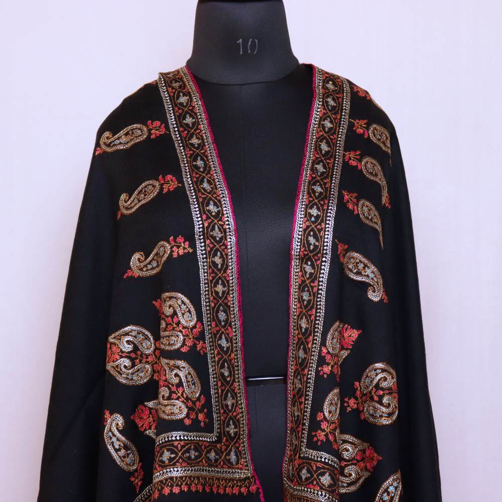 Kashmiri Shawl with Hand Tilla and Sozni Work Black Badaam Booti ...