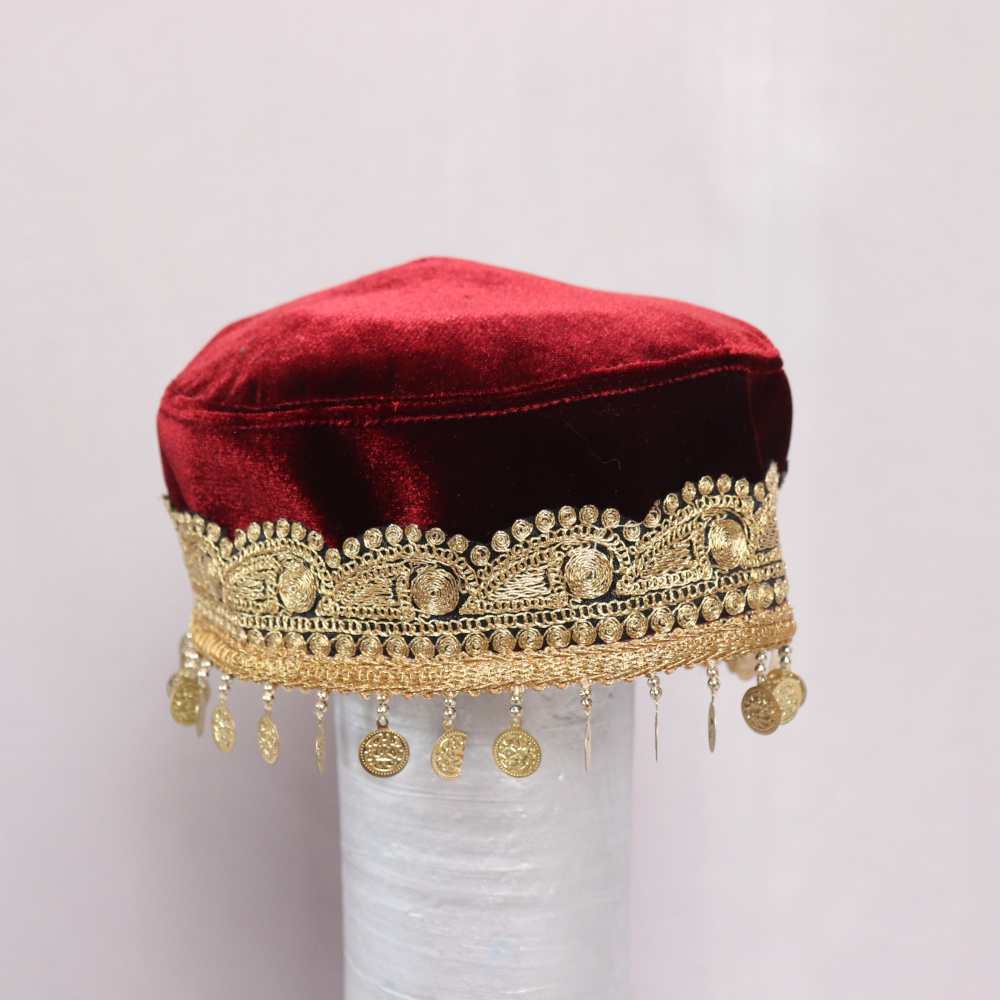 Kashmiri Bridal Velvet Cap in Maroon with Beautiful Tilla Embroidery ...