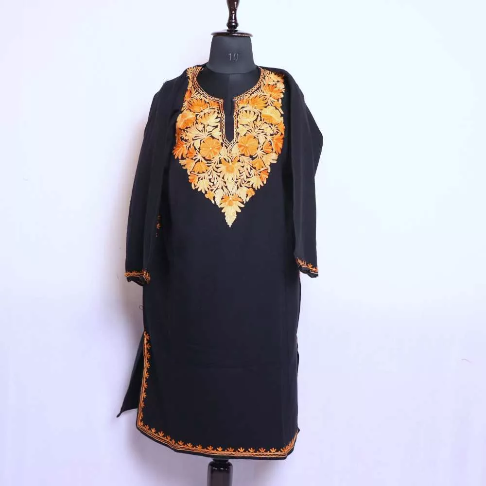 Kashmiri Black Cashmilon Namawar Feran with Aari Embroidery for Women ...