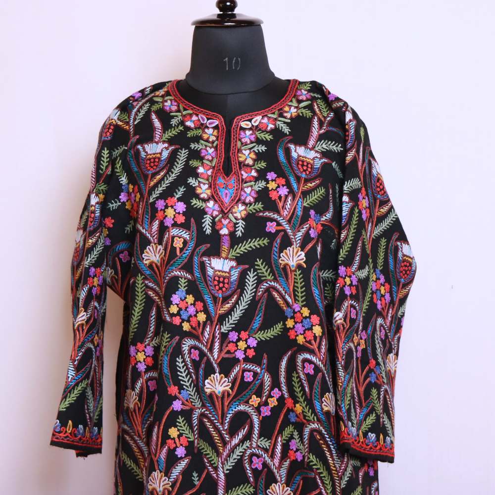 Black Baagh-e-Tulip Jaal Kashmiri Pheran With All Over Hand Embroidery ...