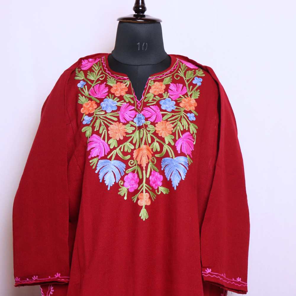 Maroon Janooni Cashmilon Feran with Aari Embroidery for Women - Gyawun