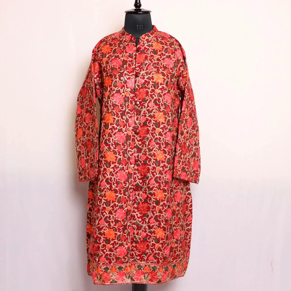Maroon Kashmiri Warm Floral Jama Long Coat Aari Embroidered - Gyawun