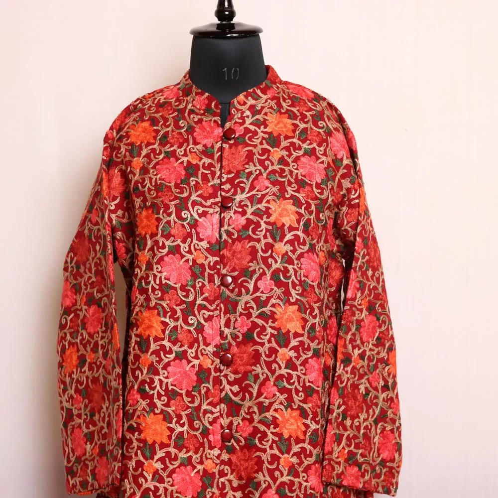 Maroon Kashmiri Warm Floral Jama Long Coat Aari Embroidered - Gyawun