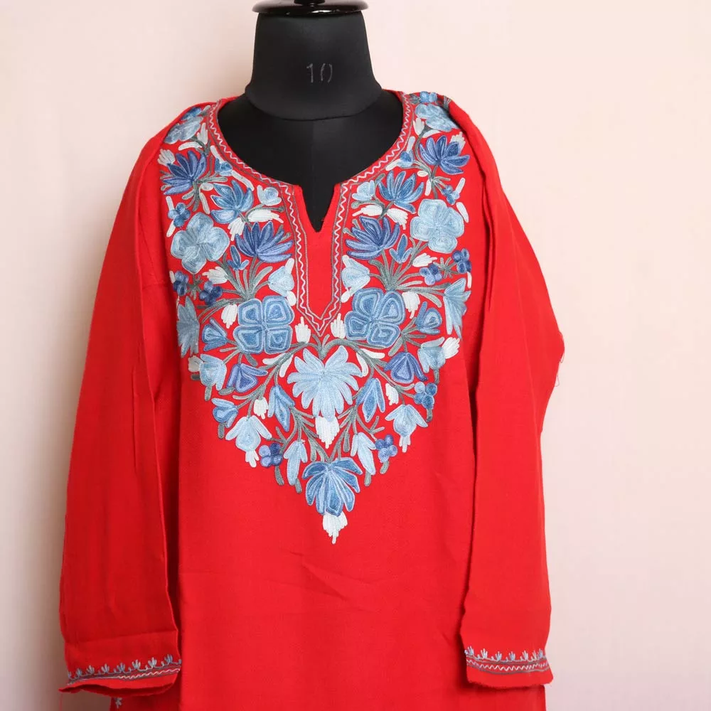 Habba Red Kashmiri Cashmilon Pheran Kurta with Aari Design: Warm and ...