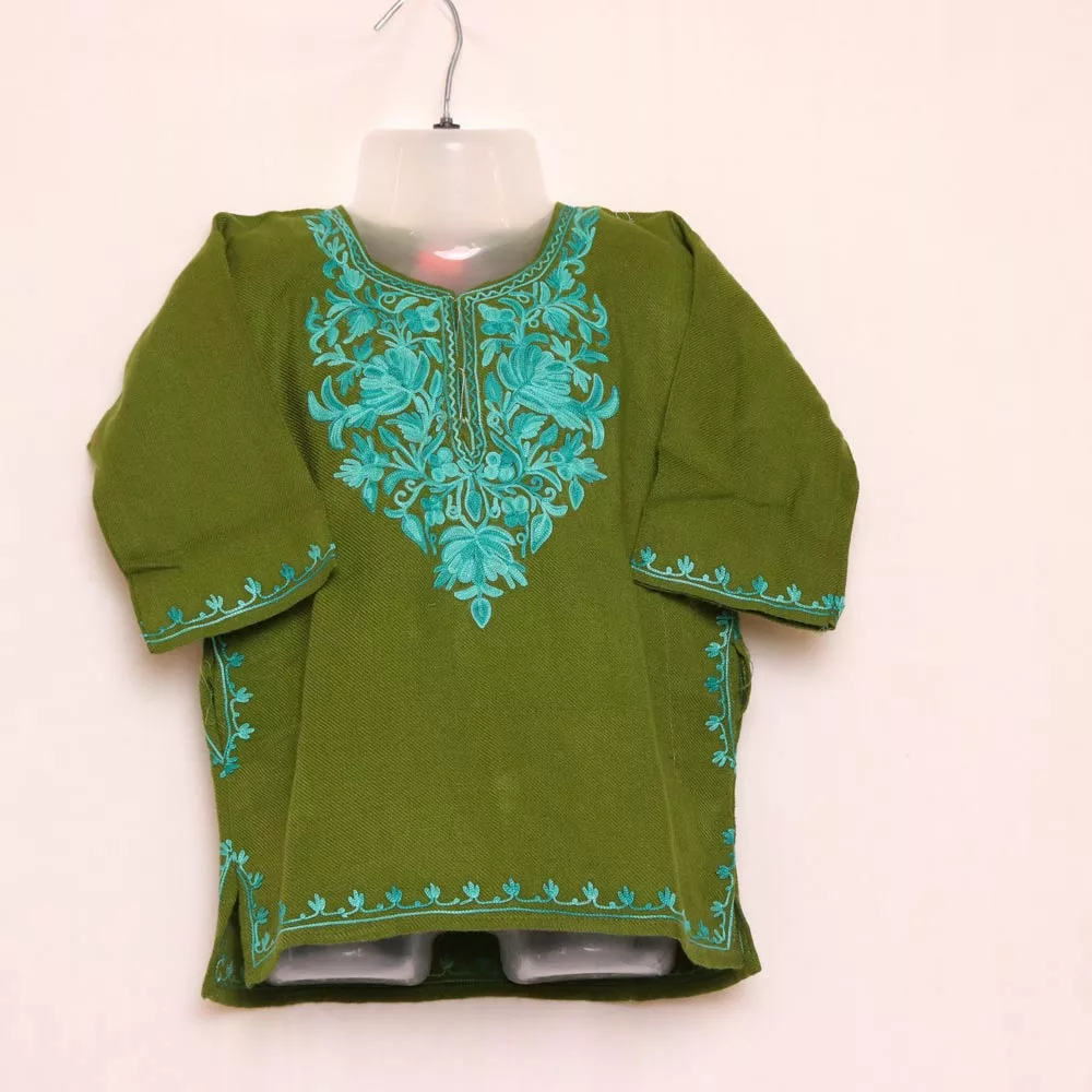 Kids Green Sabzar Kashmiri Girls Pheran With Aari Embroidery (1-2 Y ...