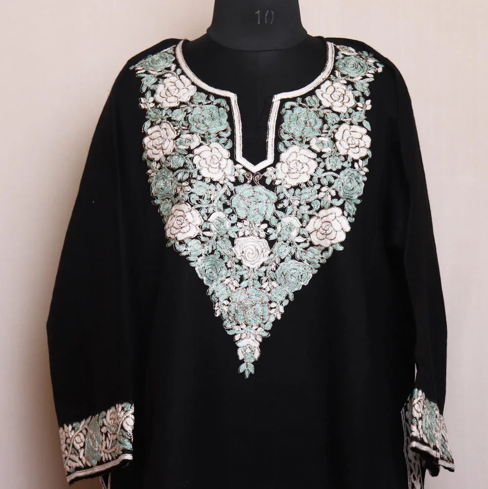 Khatooni Black Cashmilon Pheran with Exquisite Aari and Zaari Outline ...