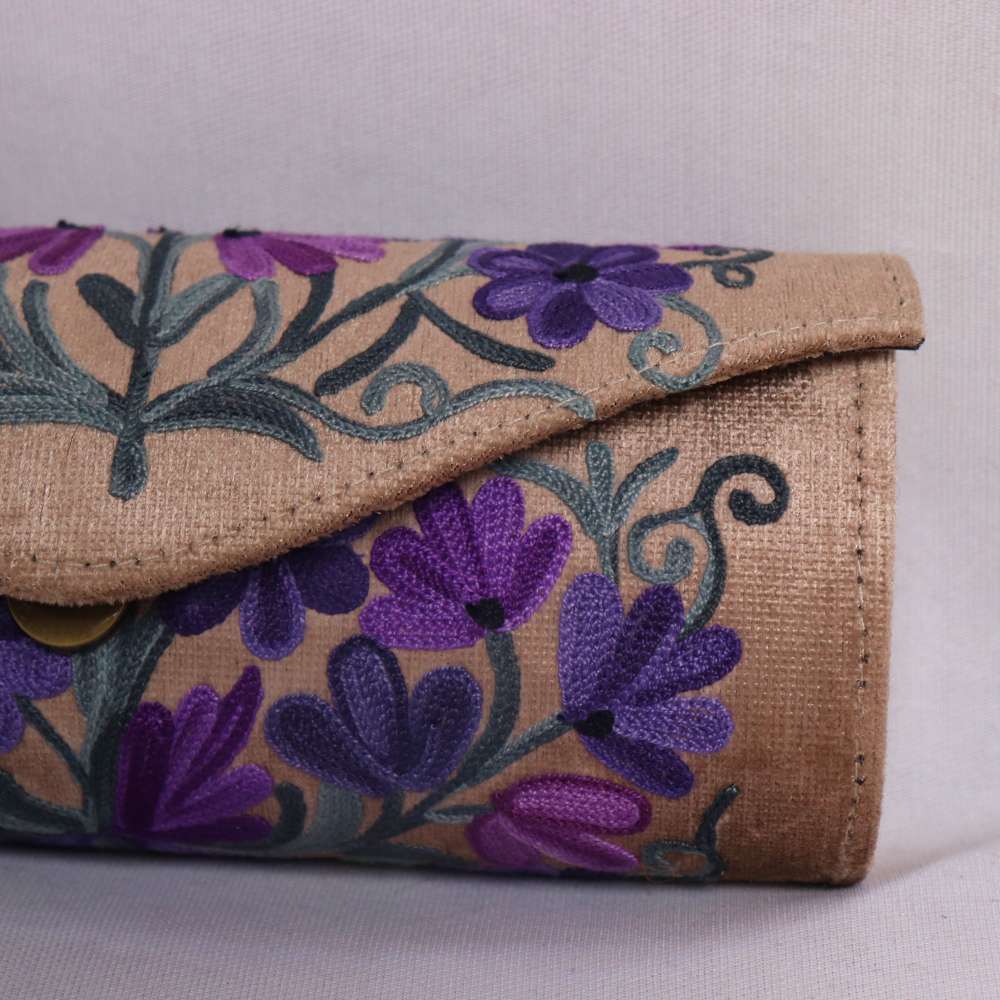 Beige Velvet Round Clutch Bag - Aari Embroidered - Gyawun