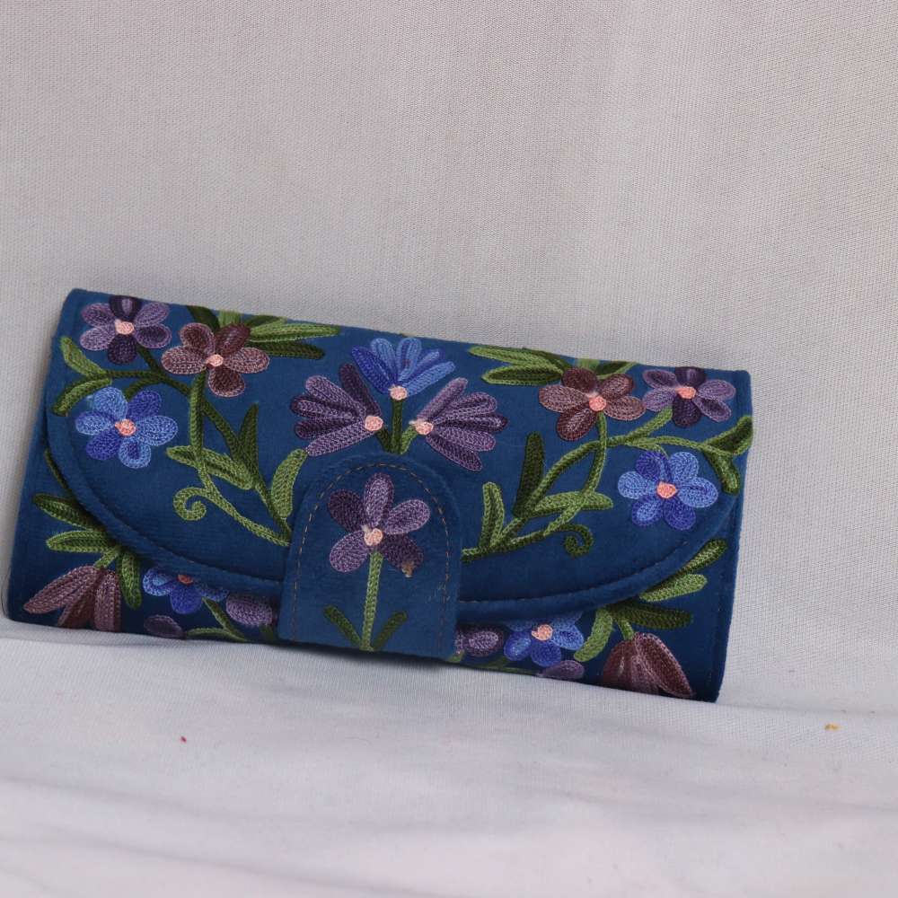Shehnaz Velvet Blue Wallet with Beautiful Aari Design - Gyawun
