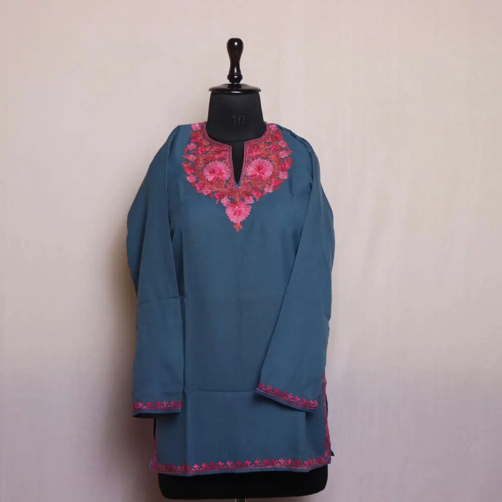Reema Sky Blue Kashmiri Short Summer cool Aari Embroidered Kurti - Gyawun