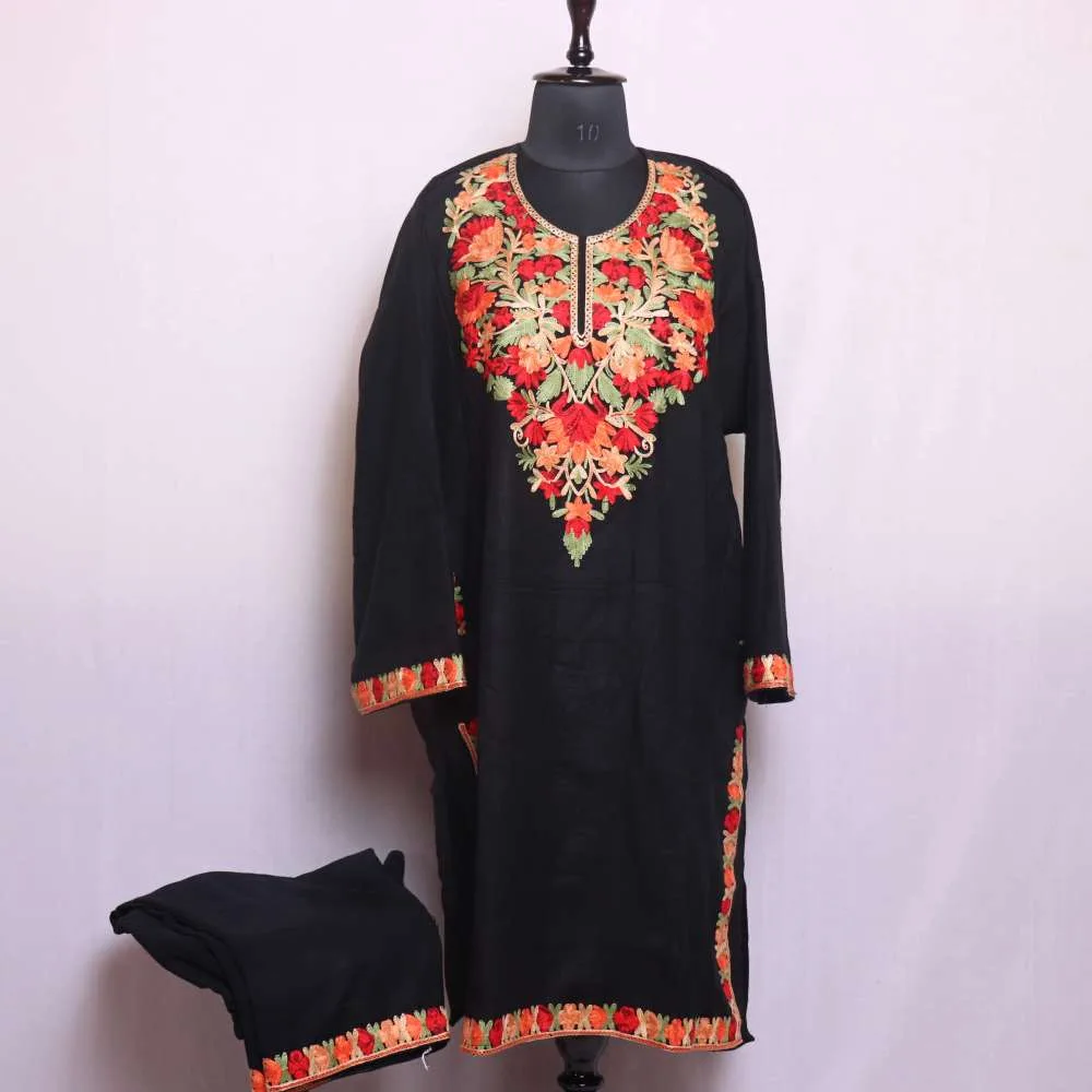 Black Roohi Cashmilon Pheran Coord Set with Classic Aari Patterns - Gyawun