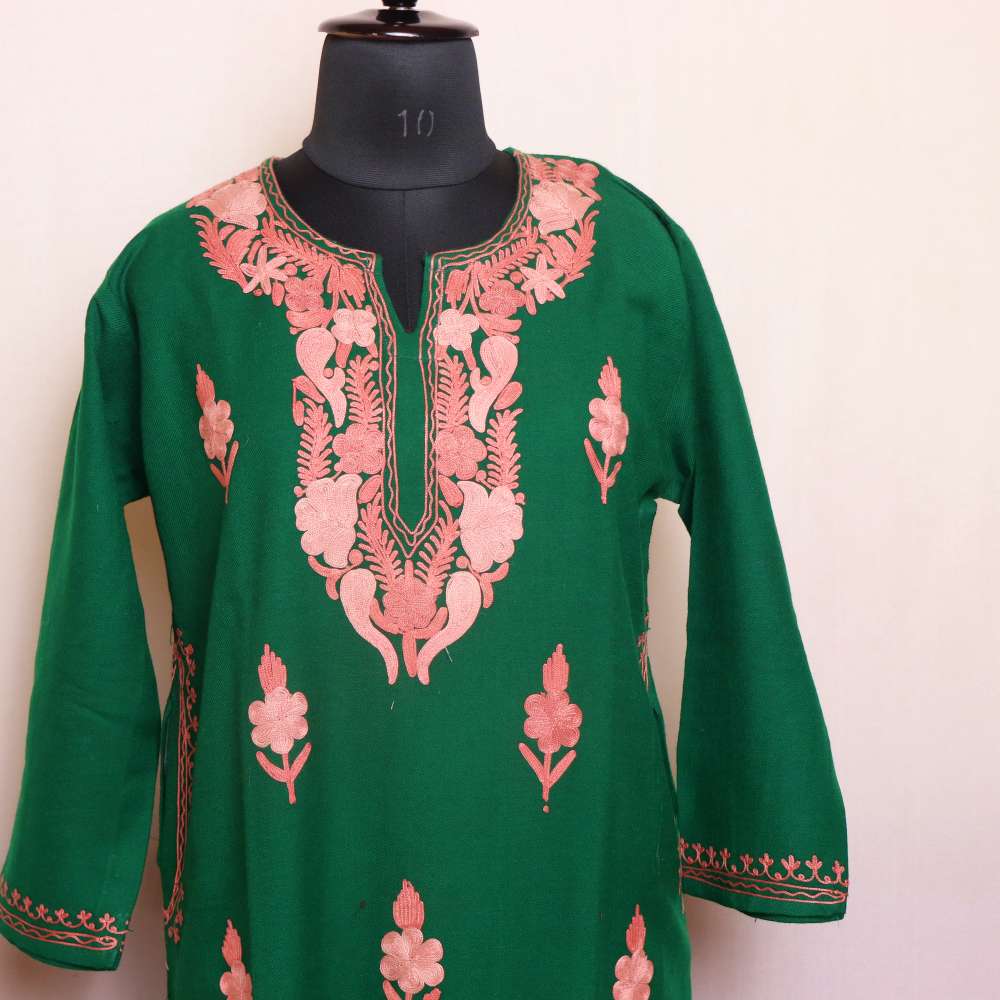 Naila Cashmilon Green Pheran Coord Set - Aari Embroidered for Winter ...