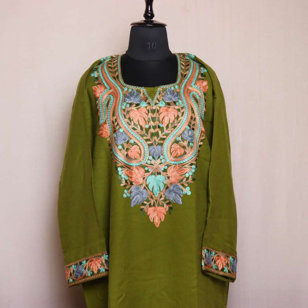 Sadaf Mehndi Green Cashmilon Pheran with Elegant Badaam Aari Embroidery ...