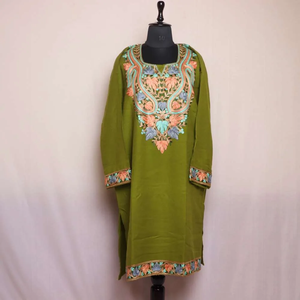 Sadaf Mehndi Green Cashmilon Pheran with Elegant Badaam Aari Embroidery ...