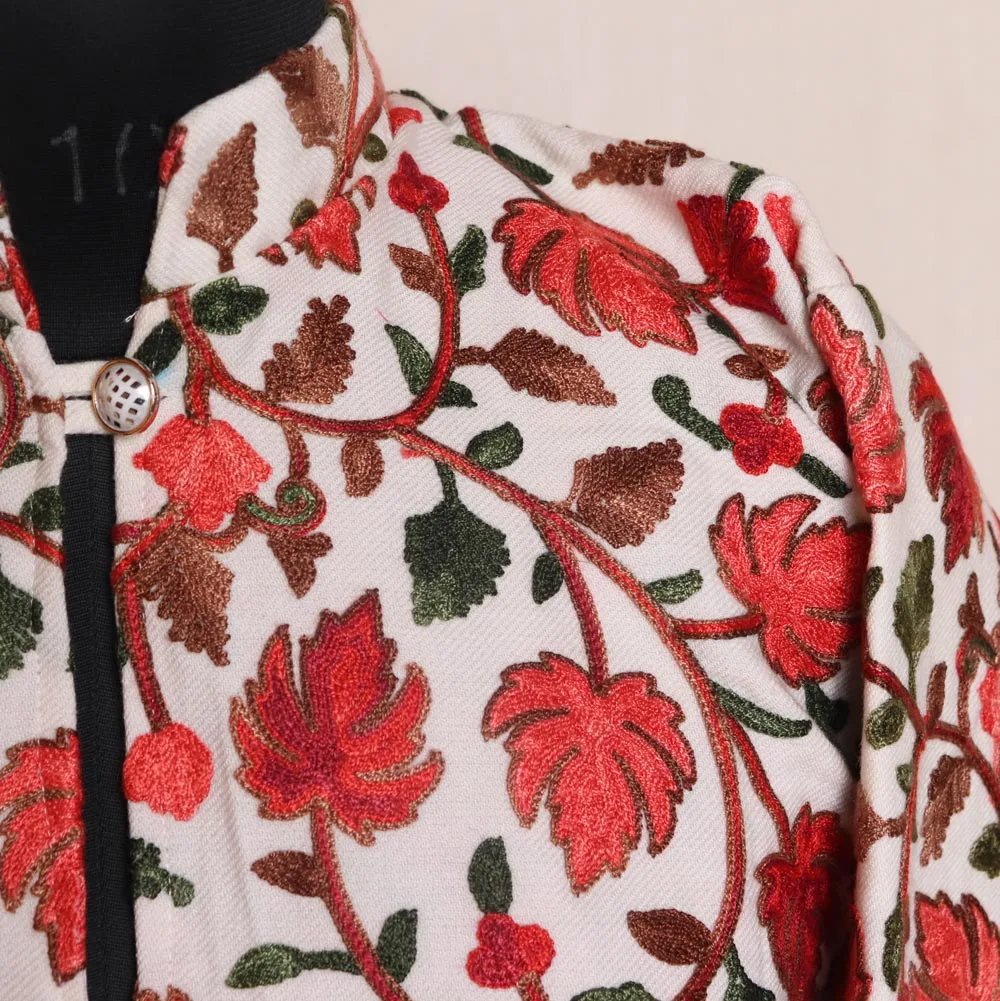 Noor Cashmilon Chinar White Jacket with All-Over Aari Embroidery - Gyawun