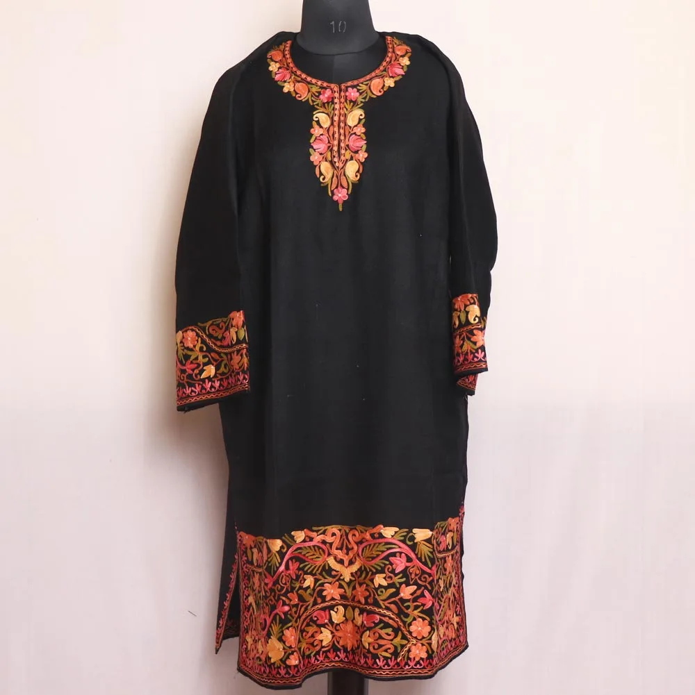 Elegant Black Raffal Pheran With Heavy Sleeve & Border Embroidery ...