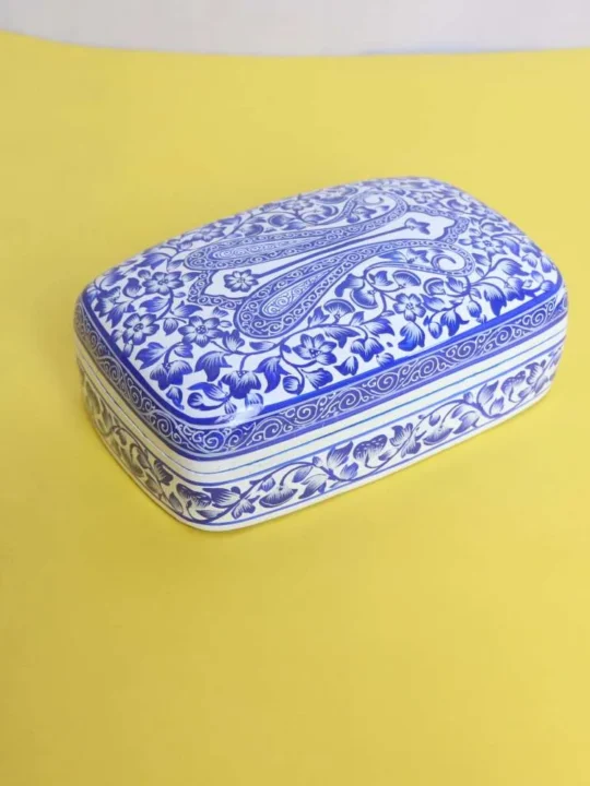 Hand-Painted Kashmiri Paper Mache Floral Lid-Blue Box - Gyawun