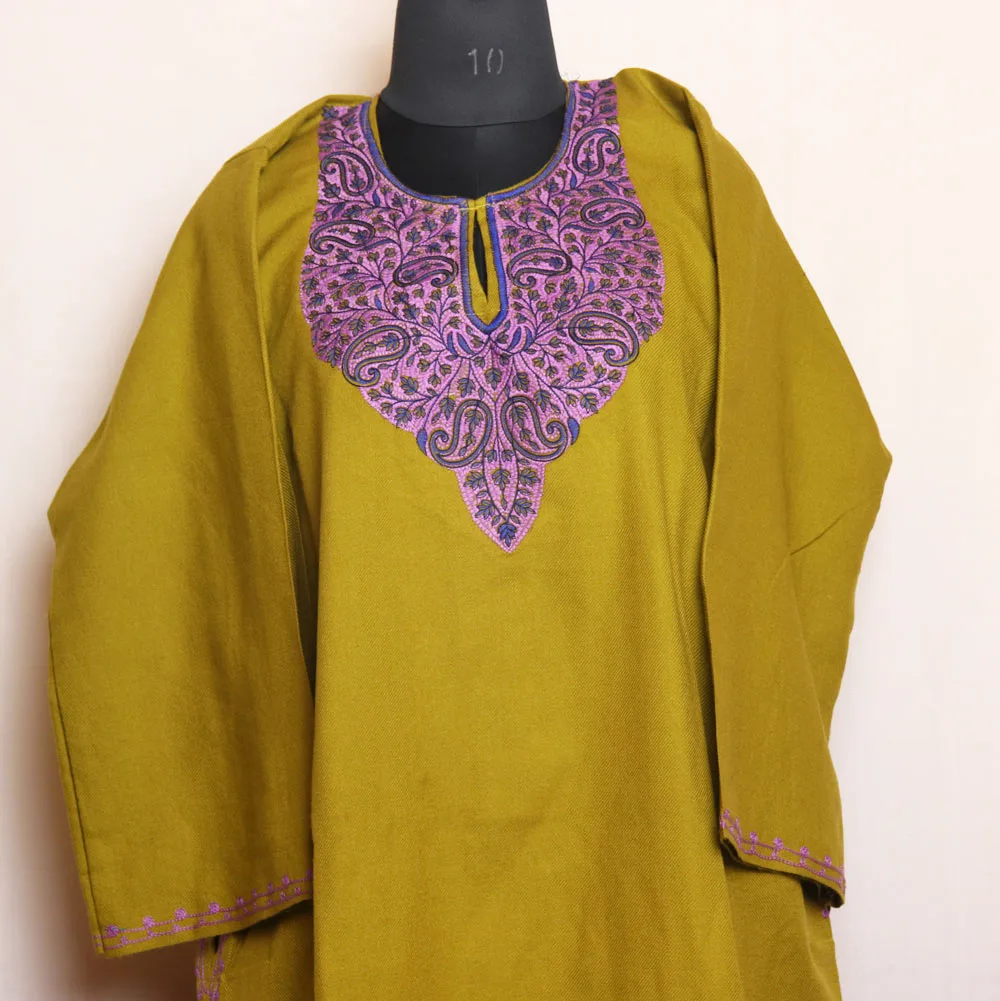 Olive Green Cashmilon Needlework Pheran for Women - Dalgate Collection ...