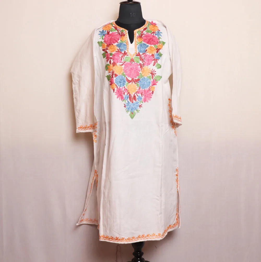 Elegant White Pheran in Cashmilon with Aari Work - Dalgate Collection ...