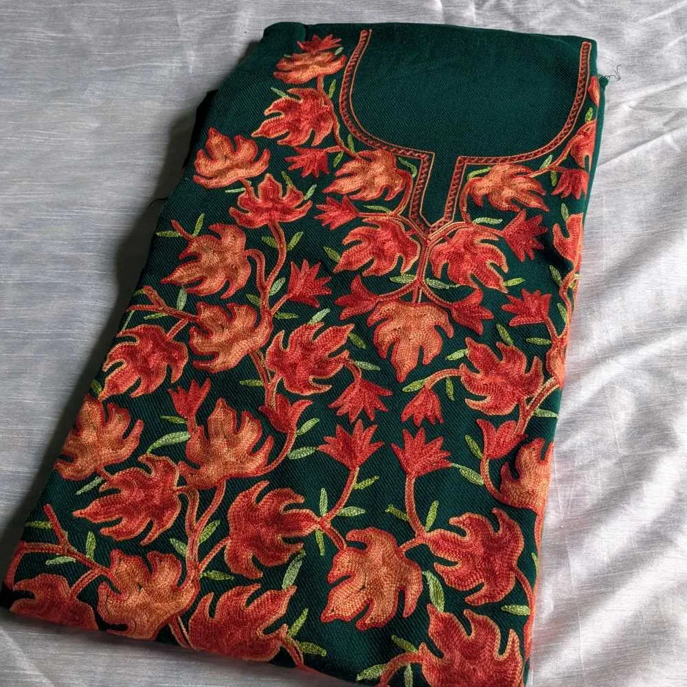 Dark Green Chinari Wool Suit with Exquisite Aari Work - Libaas - Gyawun