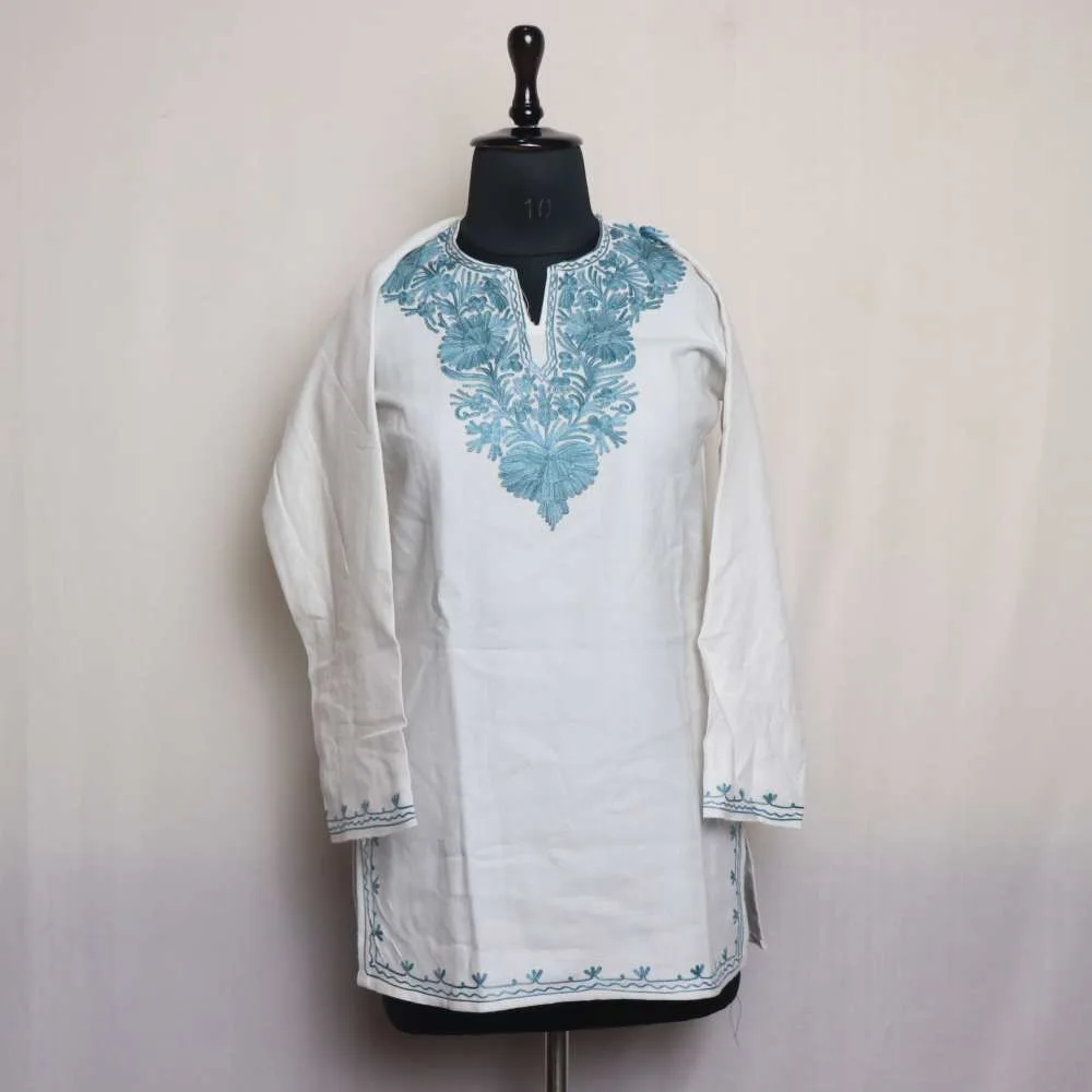 Beautiful White Aari Embroidered Short Kurti in Cashmilon Fabric ...
