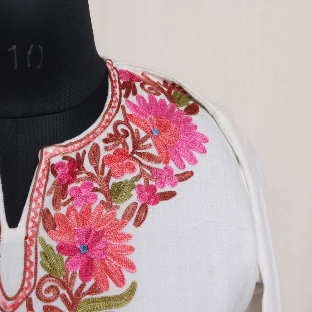 White Sophisticated Aari Embroidered Short Kurti in Cashmilon - Rubeena ...