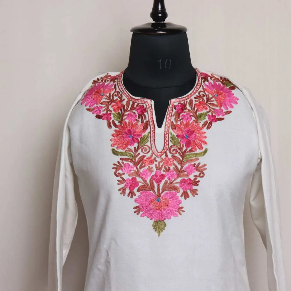 White Sophisticated Aari Embroidered Short Kurti in Cashmilon - Rubeena ...