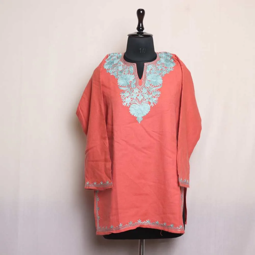 Pink Aari Embroidered Woolen Short Kurti in Cashmilon - Rubeena ...