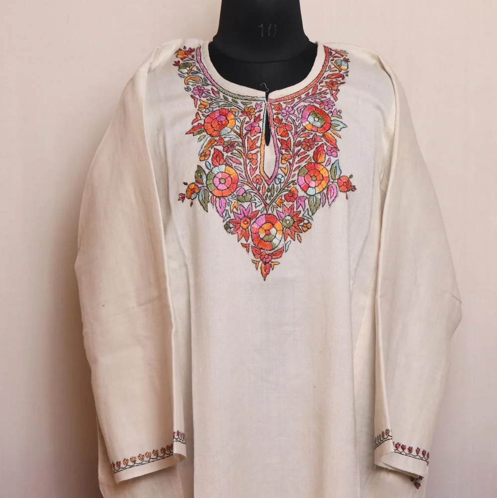 White Raffal Pheran with Hand Sozni Paper Mache Embroidery - Kohinoor ...