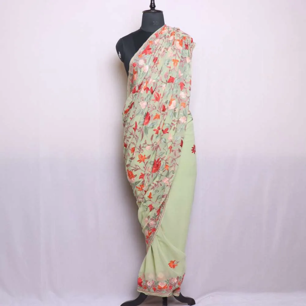Light Green Georgette Saree Featuring Multicolor Floral All Over Jaal ...