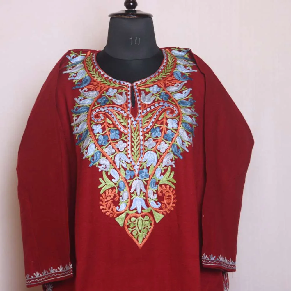 Exquisite Maroon Cashmilon Pheran | Feran Designed with Aari Embroidery ...